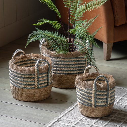 Set of 3 ink stripe fringed woven baskets, natural, So'home | La Redoute