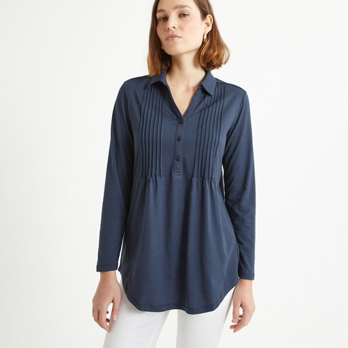 Cotton mix polo tunic with long sleeves black Anne Weyburn | La Redoute