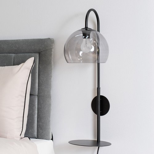 Glynne smoked glass globe shade wall light with matte black shelf ...