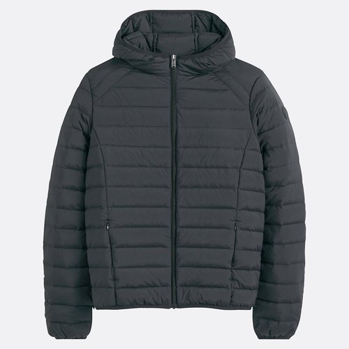 Short padded jacket with fixed hood and high neck for mid-season, black ...