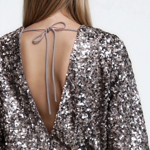 Short sleeve sequin top, silver grey, La Redoute Collections | La Redoute