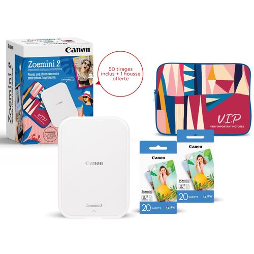 Imprimante photo portable kit zoemini 2 blanche + 50 f + housse blanc ...