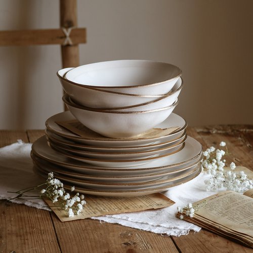Conjunto de refeição 12 peças edge, nosse ceramic bege/dourado Nosse ...