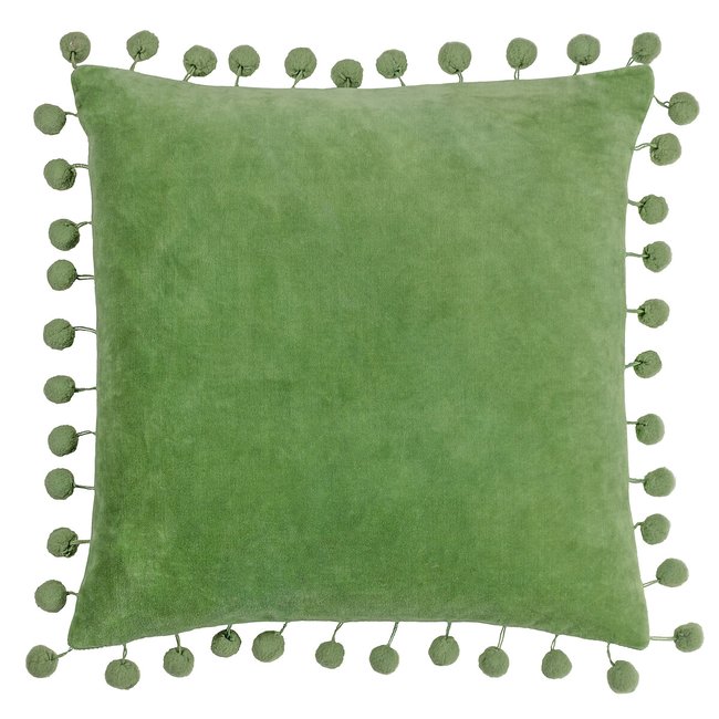 Dora cotton velvet pom-pom square filled cushion 45x45cm, green, Furn ...