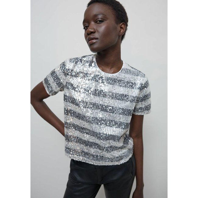 Sequin striped top with short sleeves and crew neck, black striped ...