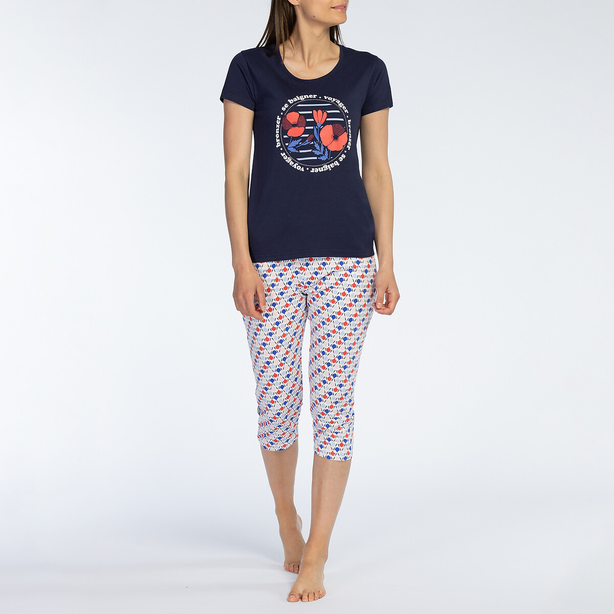 Baignade cropped pyjamas in cotton jersey, navy/printed, Melissa Brown ...