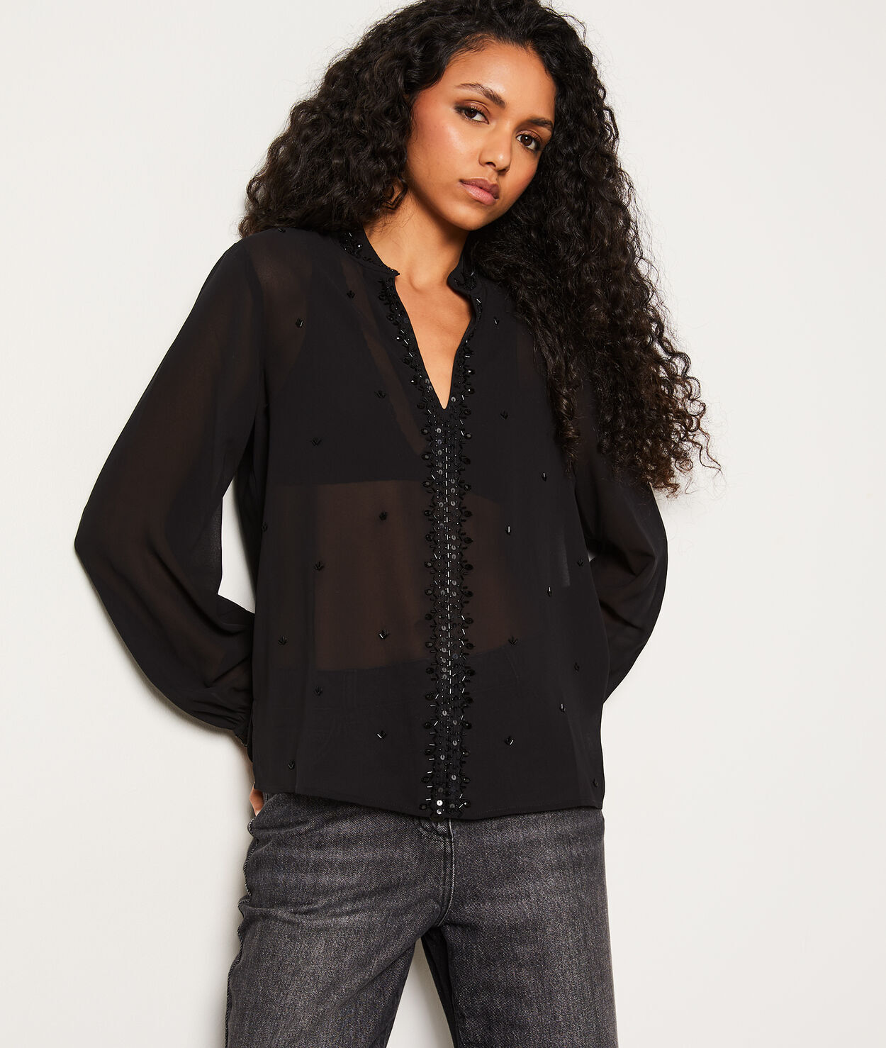 Blouse transparente à strass nour brod noir Etam | La Redoute