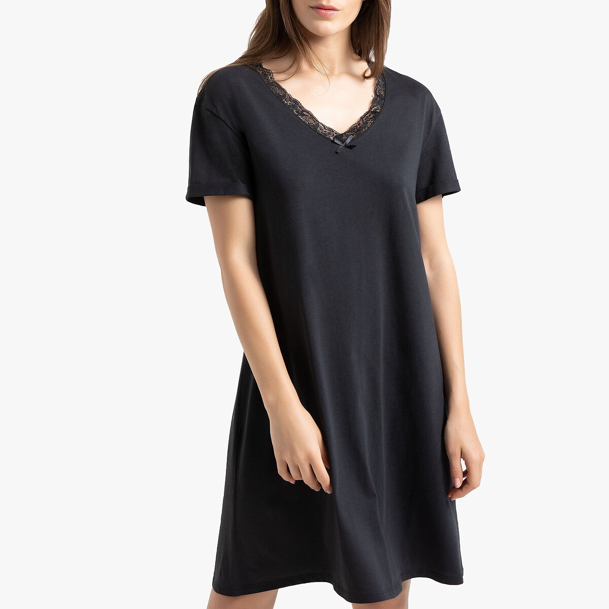 Camicia Da Notte Maniche Corte Dettaglio Pizzo Nero La Redoute