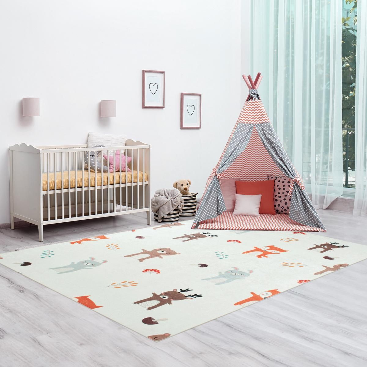 Tapis enfant animaux foret en polyester doux et soyeux Couleur crème Un ...