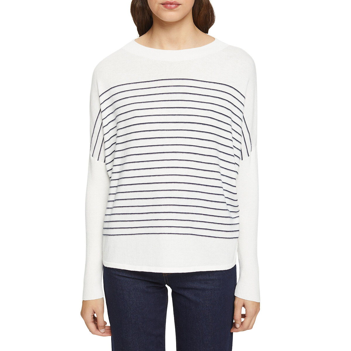 Breton Striped Jumper In Cotton Mix White Striped Esprit La Redoute