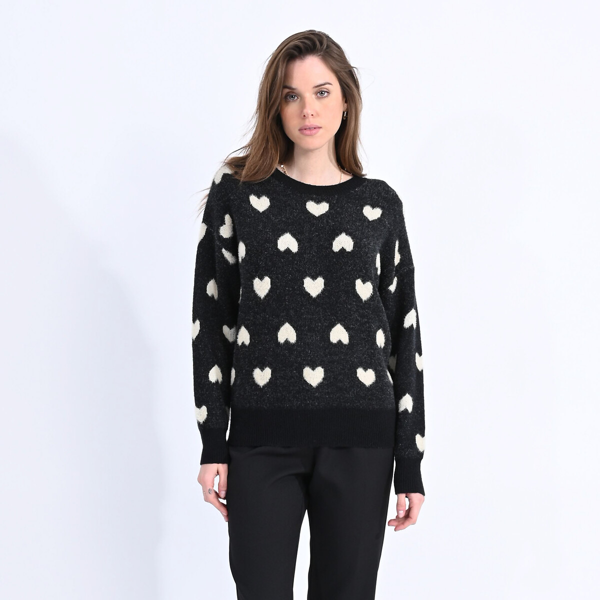 Pull col rond motif cœurs noir Molly Bracken | La Redoute