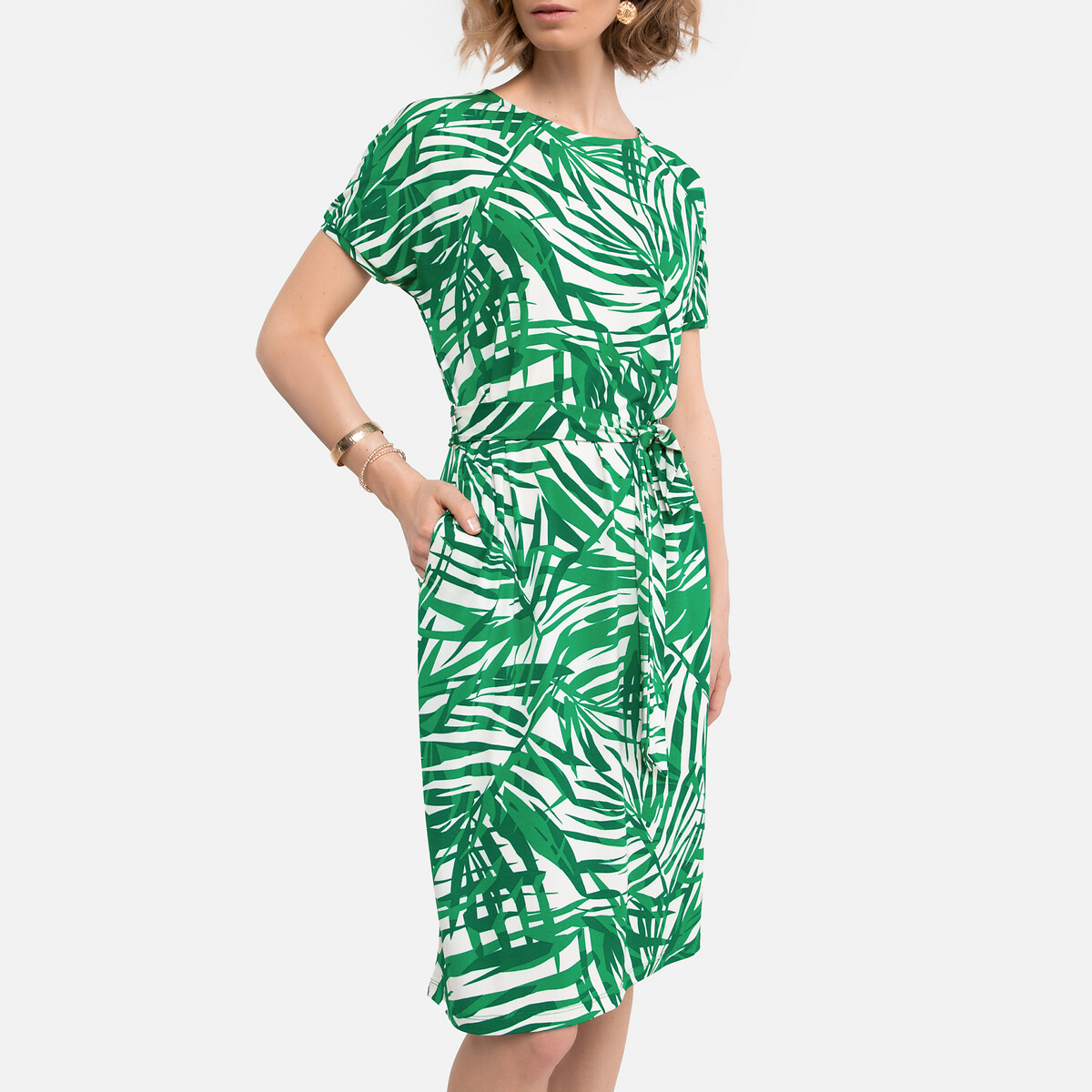 Knee length Dress In Tropical Leaf Print With Short Sleeves Print
