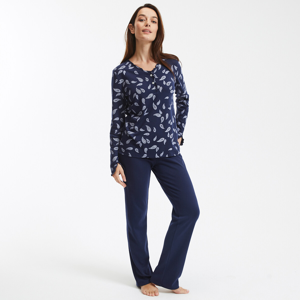 Interlock ruffled pyjamas in cotton mix, blue paisley print, Anne ...