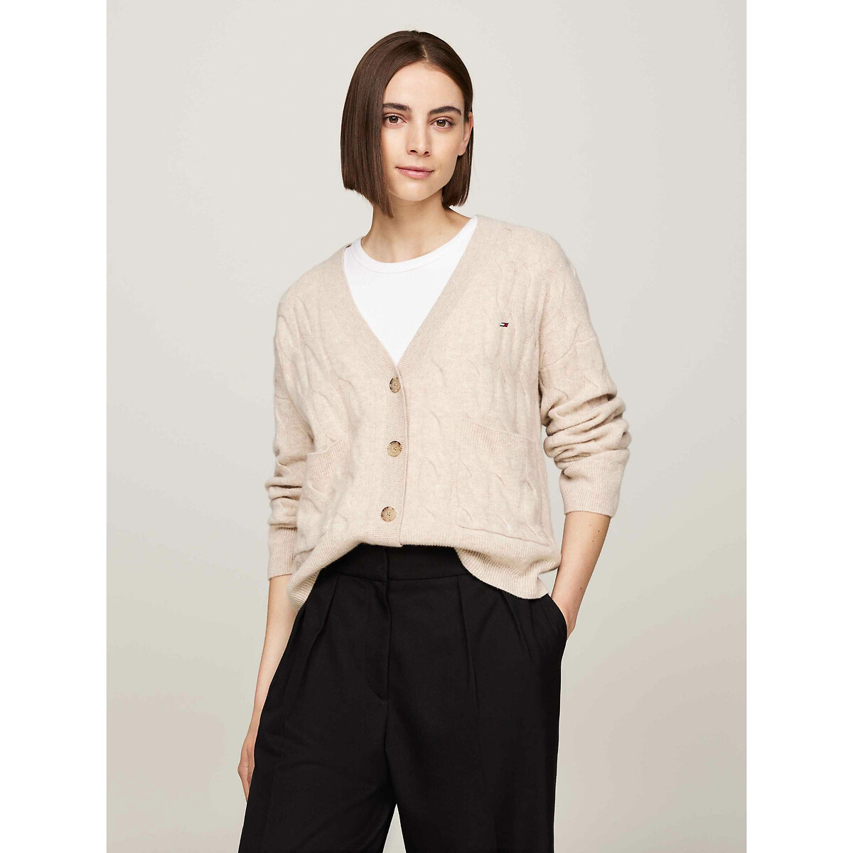 Vest in wol met kabeltricot en v-hals beige Tommy Hilfiger | La Redoute