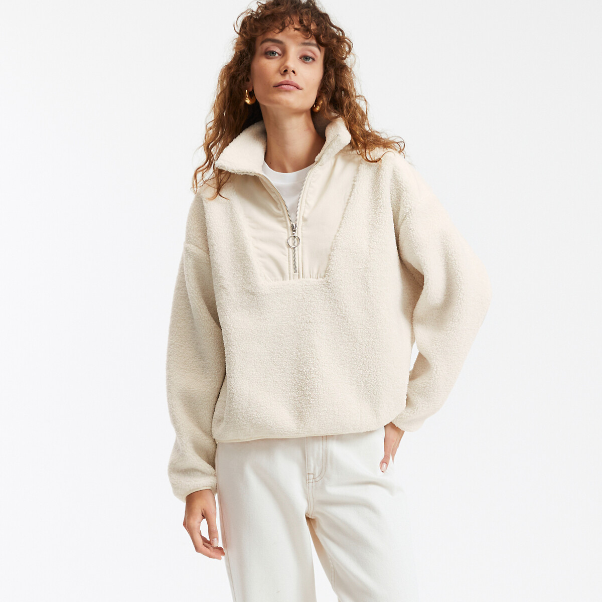 Sherpa half zip sweatshirt, ivory, La Redoute Collections | La Redoute