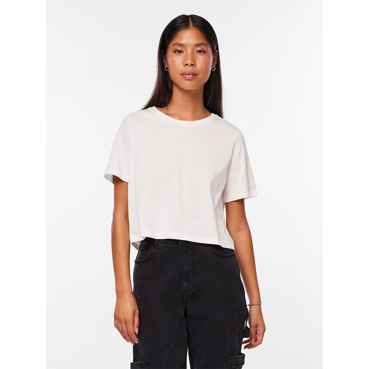 Cotton short t-shirt with short sleeves, white, Pieces | La Redoute