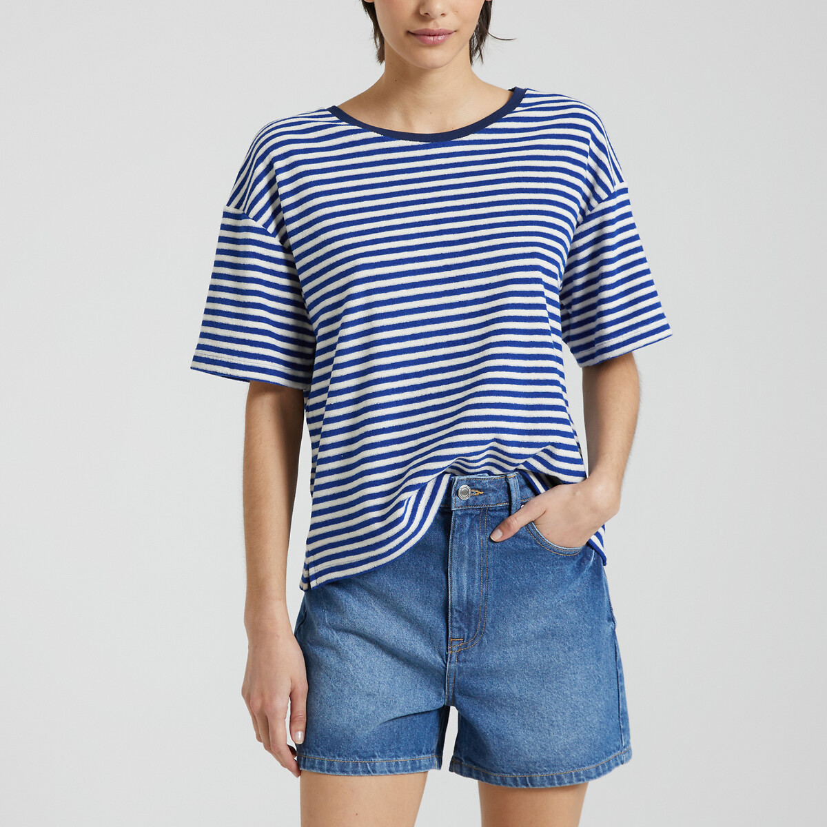 Striped cotton boxy t-shirt, white/blue, Petit Bateau | La Redoute