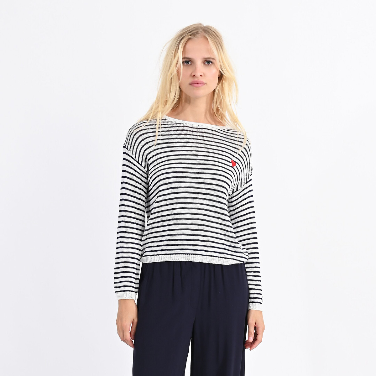 Striped crew neck jumper with crossover back, blue striped/ecru, Molly ...